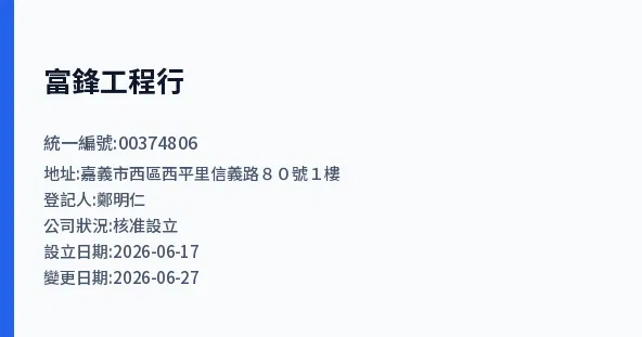 富鋒工程行的照片-統編 00374806(嘉義市) 公司登記資料與營業項目詳細圖表
