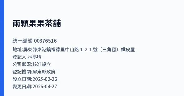 兩顆果果茶舖的照片-統編 00376516(屏東縣) 公司登記資料與營業項目詳細圖表