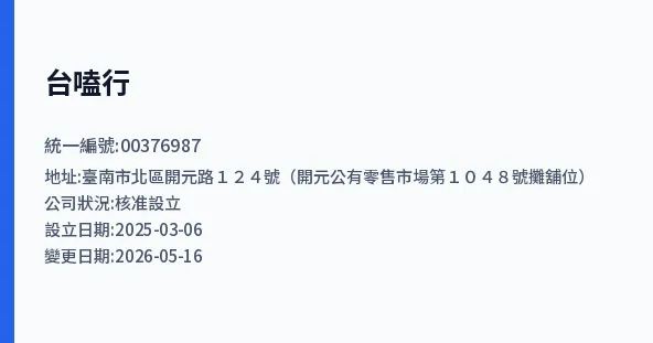 台嗑行的照片-統編 00376987(臺南市) 公司登記資料與營業項目詳細圖表