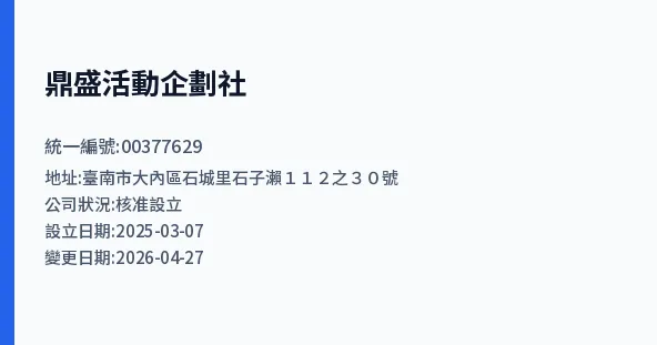 鼎盛活動企劃社的照片-統編 00377629(臺南市) 公司登記資料與營業項目詳細圖表