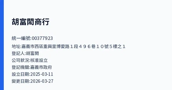 胡富閎商行的照片-統編 00377923(嘉義市) 公司登記資料與營業項目詳細圖表