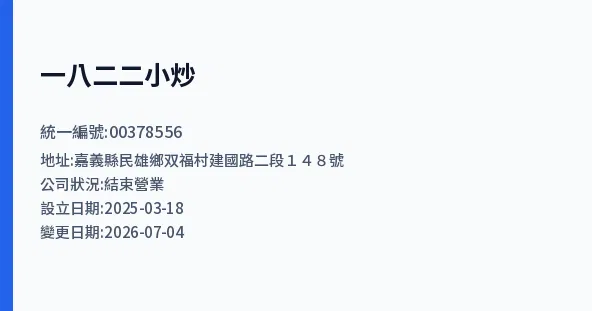 一八二二小炒的照片-統編 00378556(嘉義縣) 公司登記資料與營業項目詳細圖表