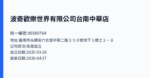 波奇歡樂世界有限公司台南中華店的照片-統編 00380764(臺南市) 公司登記資料與營業項目詳細圖表