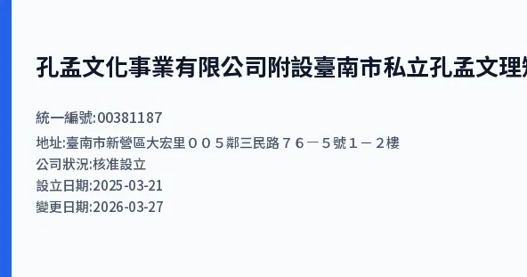 孔孟文化事業有限公司附設臺南市私立孔孟文理短期補習班的照片-統編 00381187(臺南市) 公司登記資料與營業項目詳細圖表