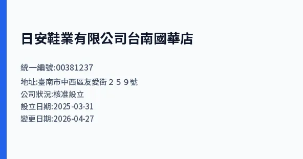 日安鞋業有限公司台南國華店的照片-統編 00381237(臺南市) 公司登記資料與營業項目詳細圖表