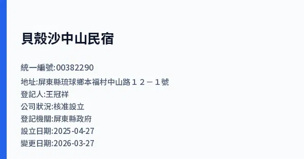 貝殼沙中山民宿的照片-統編 00382290(屏東縣) 公司登記資料與營業項目詳細圖表