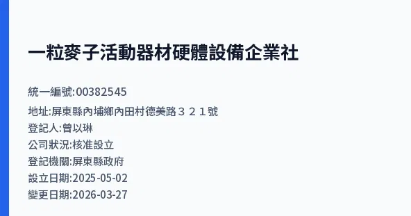 一粒麥子活動器材硬體設備企業社的照片-統編 00382545(屏東縣) 公司登記資料與營業項目詳細圖表