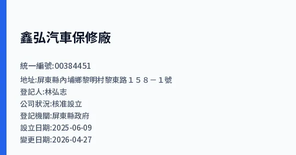 鑫弘汽車保修廠的照片-統編 00384451(屏東縣) 公司登記資料與營業項目詳細圖表