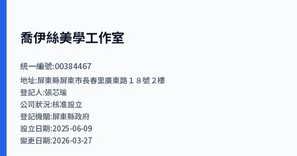 喬伊絲美學工作室的照片-統編 00384467(屏東縣) 公司登記資料與營業項目詳細圖表
