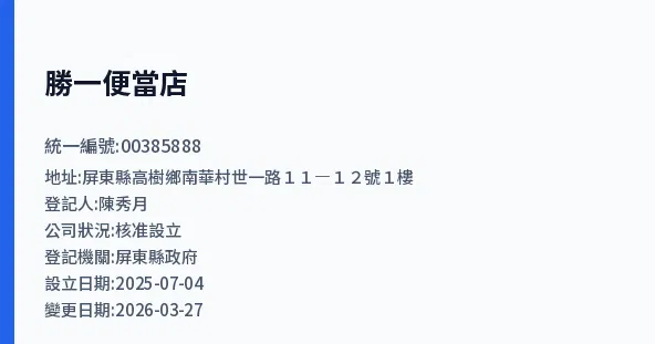勝一便當店的照片-統編 00385888(屏東縣) 公司登記資料與營業項目詳細圖表