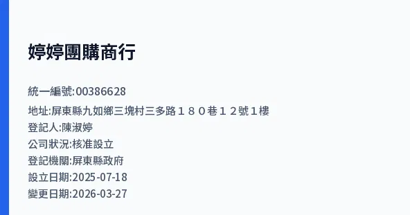 婷婷團購商行的照片-統編 00386628(屏東縣) 公司登記資料與營業項目詳細圖表