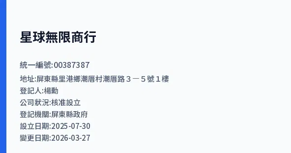 星球無限商行的照片-統編 00387387(屏東縣) 公司登記資料與營業項目詳細圖表