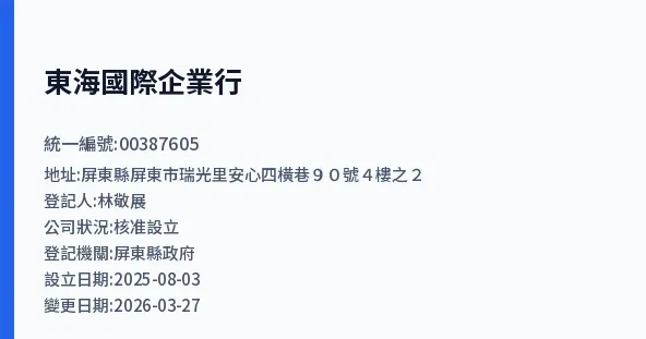 東海國際企業行的照片-統編 00387605(屏東縣) 公司登記資料與營業項目詳細圖表