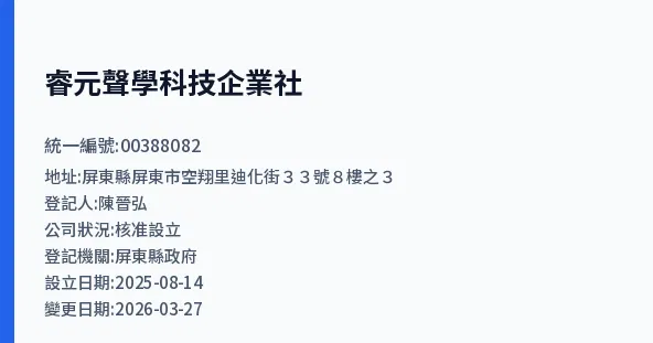 睿元聲學科技企業社的照片-統編 00388082(屏東縣) 公司登記資料與營業項目詳細圖表