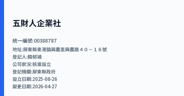 五財人企業社的照片-統編 00388787(屏東縣) 公司登記資料與營業項目詳細圖表