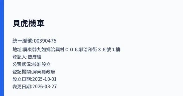 貝虎機車的照片-統編 00390475(屏東縣) 公司登記資料與營業項目詳細圖表