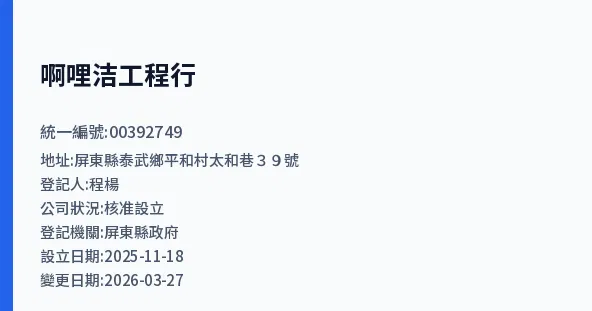 啊哩洁工程行的照片-統編 00392749(屏東縣) 公司登記資料與營業項目詳細圖表