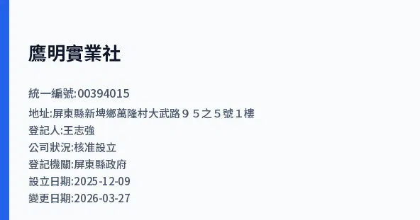 鷹明實業社的照片-統編 00394015(屏東縣) 公司登記資料與營業項目詳細圖表