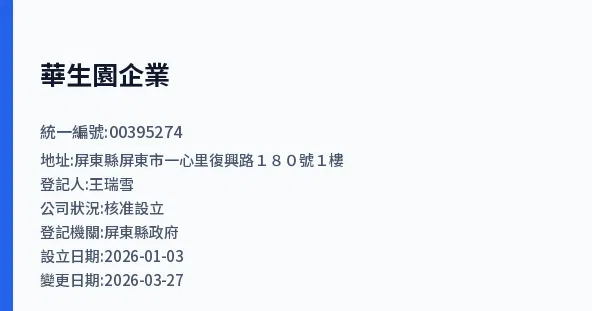 華生園企業的照片-統編 00395274(屏東縣) 公司登記資料與營業項目詳細圖表