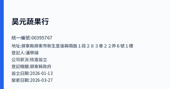 昊元蔬果行的照片-統編 00395767(屏東縣) 公司登記資料與營業項目詳細圖表