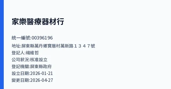 家樂醫療器材行的照片-統編 00396196(屏東縣) 公司登記資料與營業項目詳細圖表
