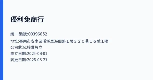 優利兔商行的照片-統編 00396652(臺南市) 公司登記資料與營業項目詳細圖表