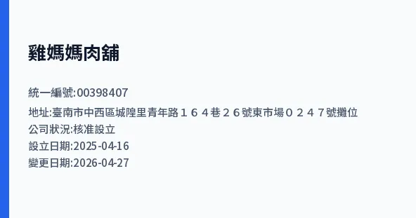 雞媽媽肉舖的照片-統編 00398407(臺南市) 公司登記資料與營業項目詳細圖表