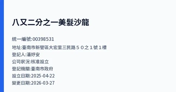 八又二分之一美髮沙龍的照片-統編 00398531(臺南市) 公司登記資料與營業項目詳細圖表
