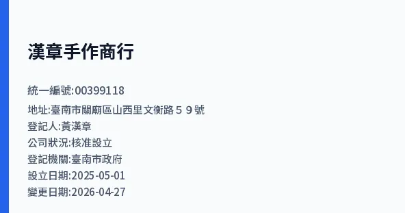 漢章手作商行的照片-統編 00399118(臺南市) 公司登記資料與營業項目詳細圖表