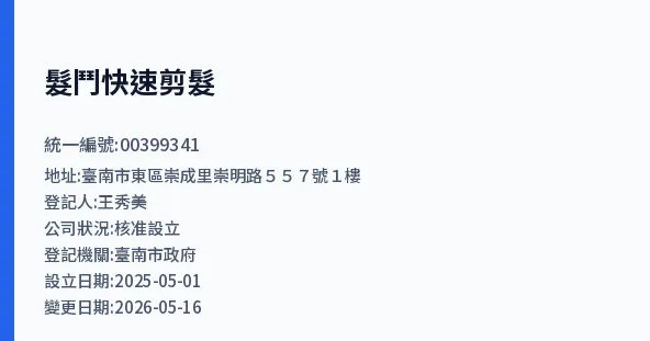 髮鬥快速剪髮的照片-統編 00399341(臺南市) 公司登記資料與營業項目詳細圖表