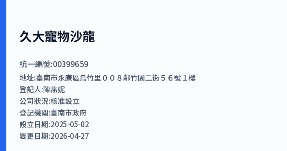 久大寵物沙龍的照片-統編 00399659(臺南市) 公司登記資料與營業項目詳細圖表