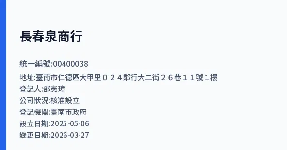 長春泉商行的照片-統編 00400038(臺南市) 公司登記資料與營業項目詳細圖表