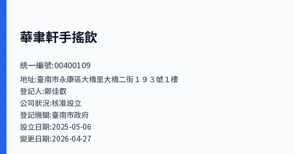 華聿軒手搖飲的照片-統編 00400109(臺南市) 公司登記資料與營業項目詳細圖表