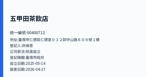 五甲田茶飲店的照片-統編 00400712(臺南市) 公司登記資料與營業項目詳細圖表