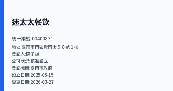 迷太太餐飲的照片-統編 00400831(臺南市) 公司登記資料與營業項目詳細圖表