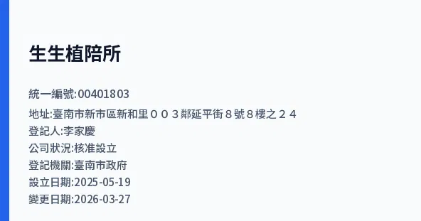 生生植陪所的照片-統編 00401803(臺南市) 公司登記資料與營業項目詳細圖表