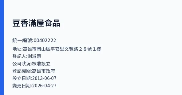 豆香滿屋食品的照片-統編 00402222(高雄市) 公司登記資料與營業項目詳細圖表