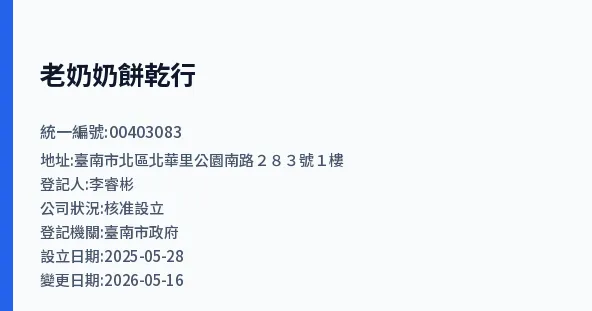 老奶奶餅乾行的照片-統編 00403083(臺南市) 公司登記資料與營業項目詳細圖表