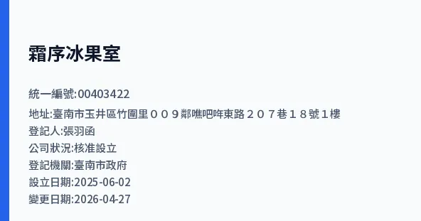 霜序冰果室的照片-統編 00403422(臺南市) 公司登記資料與營業項目詳細圖表