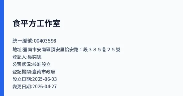 食平方工作室的照片-統編 00403598(臺南市) 公司登記資料與營業項目詳細圖表