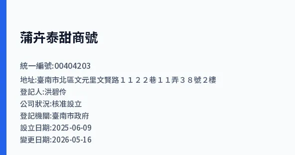 蒲卉泰甜商號的照片-統編 00404203(臺南市) 公司登記資料與營業項目詳細圖表