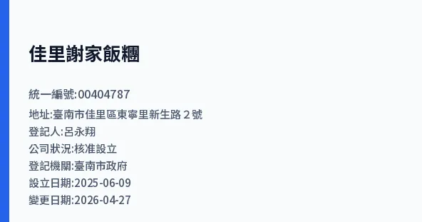 佳里謝家飯糰的照片-統編 00404787(臺南市) 公司登記資料與營業項目詳細圖表