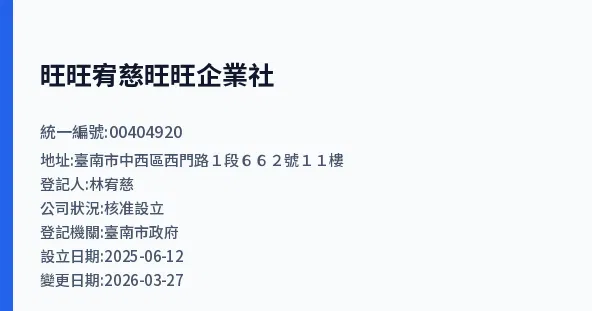 旺旺宥慈旺旺企業社的照片-統編 00404920(臺南市) 公司登記資料與營業項目詳細圖表