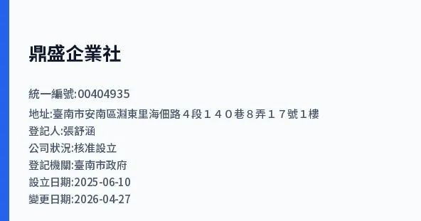 鼎盛企業社的照片-統編 00404935(臺南市) 公司登記資料與營業項目詳細圖表