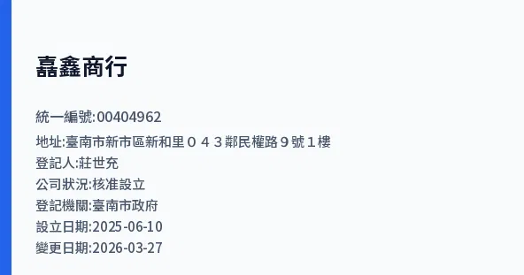 嚞鑫商行的照片-統編 00404962(臺南市) 公司登記資料與營業項目詳細圖表