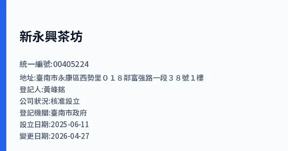 新永興茶坊的照片-統編 00405224(臺南市) 公司登記資料與營業項目詳細圖表