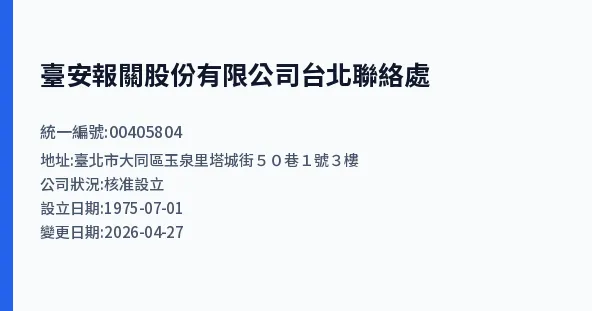 臺安報關股份有限公司台北聯絡處的照片-統編 00405804(臺北市) 公司登記資料與營業項目詳細圖表