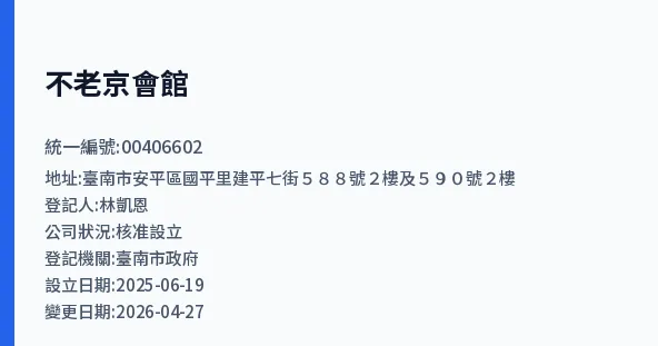 不老京會館的照片-統編 00406602(臺南市) 公司登記資料與營業項目詳細圖表