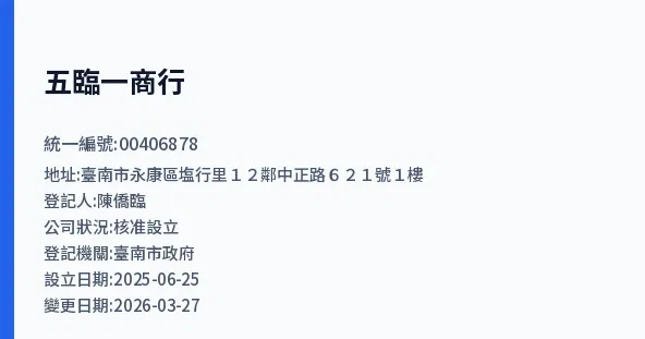 五臨一商行的照片-統編 00406878(臺南市) 公司登記資料與營業項目詳細圖表