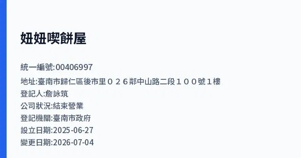 妞妞喫餅屋的照片-統編 00406997(臺南市) 公司登記資料與營業項目詳細圖表